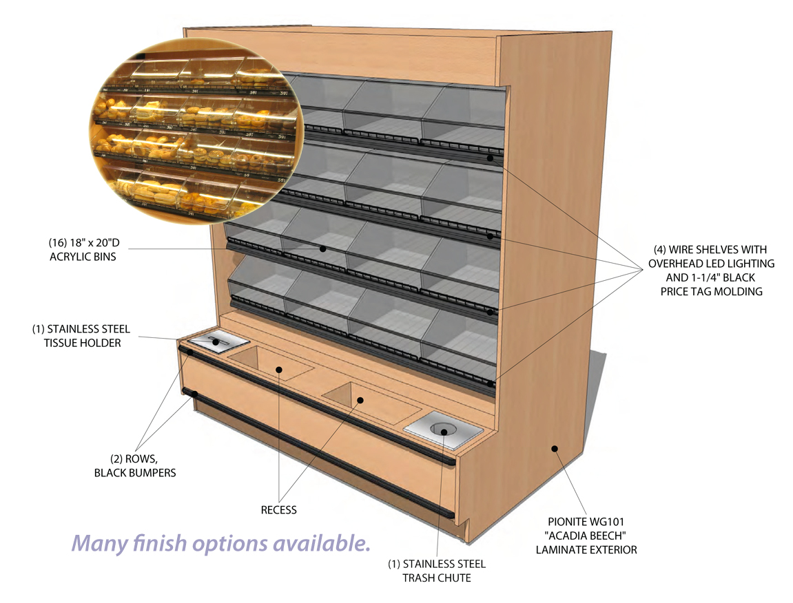 40" Upright Bagel/Roll Case with acrylic bins